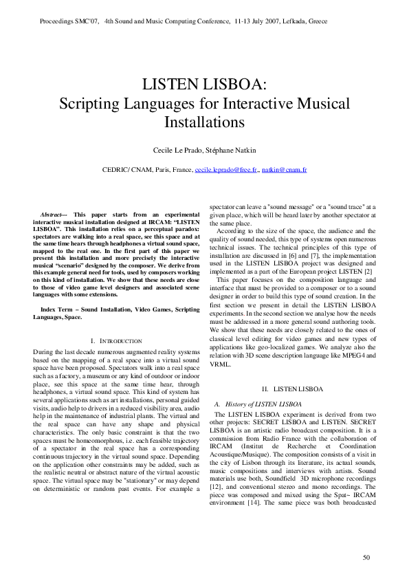 (PDF) Listen Lisboa: Scripting Languages For Interactive Musical Installations