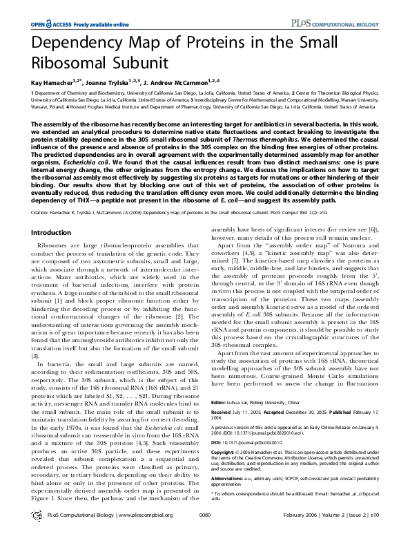 (PDF) Dependency Map of Proteins in the Small Ribosomal Subunit