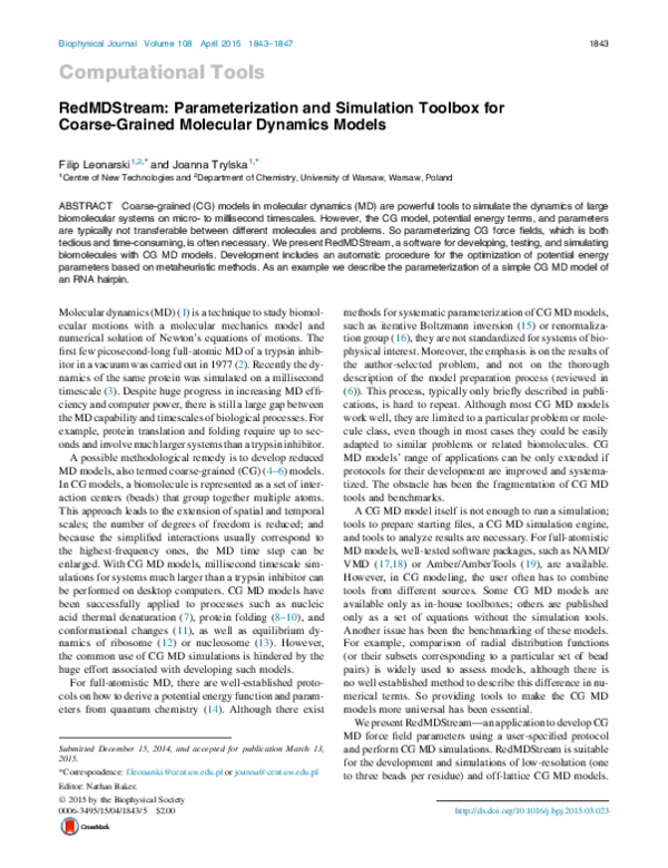 Pdf Redmdstream Parameterization And Simulation Toolbox For Coarse Grained Molecular Dynamics
