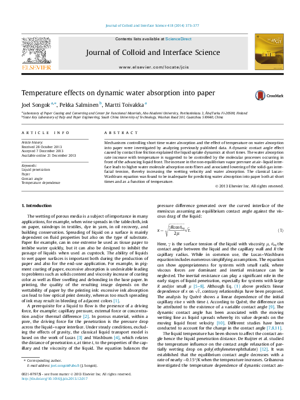 (PDF) Temperature effects on dynamic water absorption into paper
