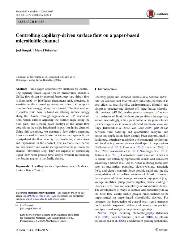 Pdf Controlling Capillary Driven Surface Flow On A Paper Based