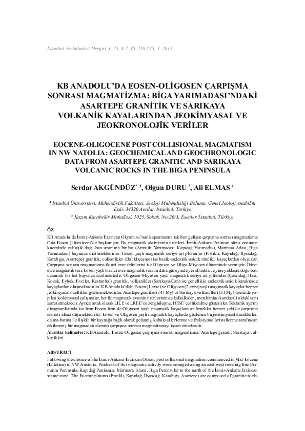 (PDF) KB Anadolu’Da Eosen-Oligosen Çarpişma Sonrasi Magmatizma: Biga ...
