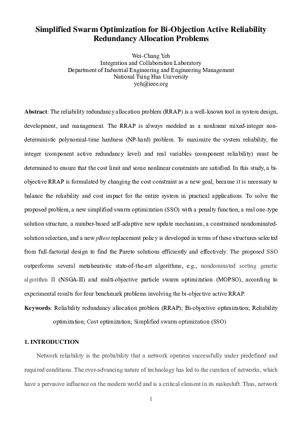 Pdf Simplified Swarm Optimization For Bi Objection Active Reliability Redundancy Allocation 5445