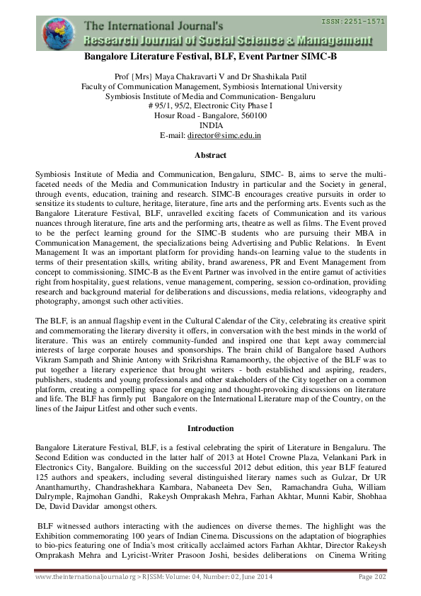 (PDF) Bangalore Literature Festival, BLF, Event Partner SIMC-B