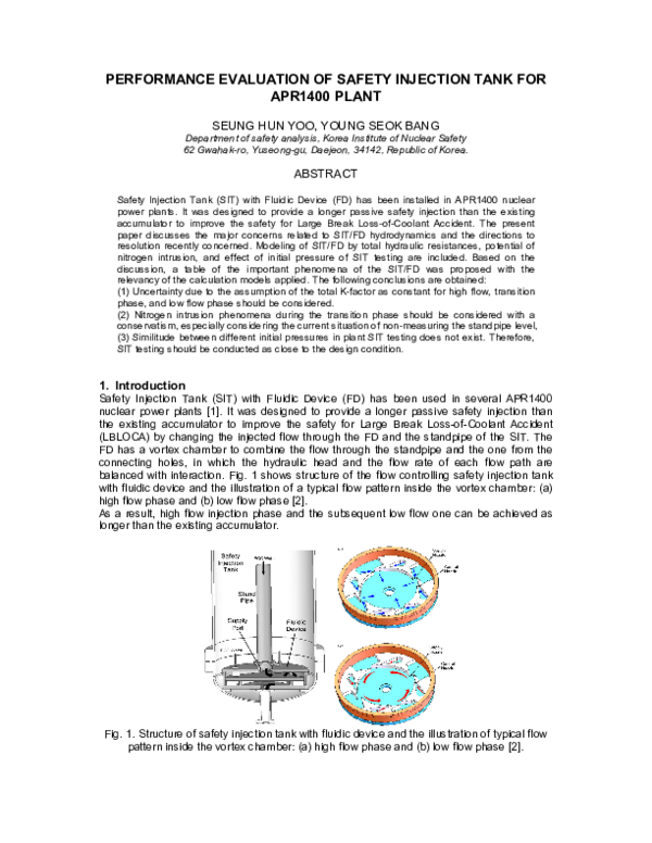 (PDF) Performance Evaluation of Safety Injection Tank for APR1400 Plant
