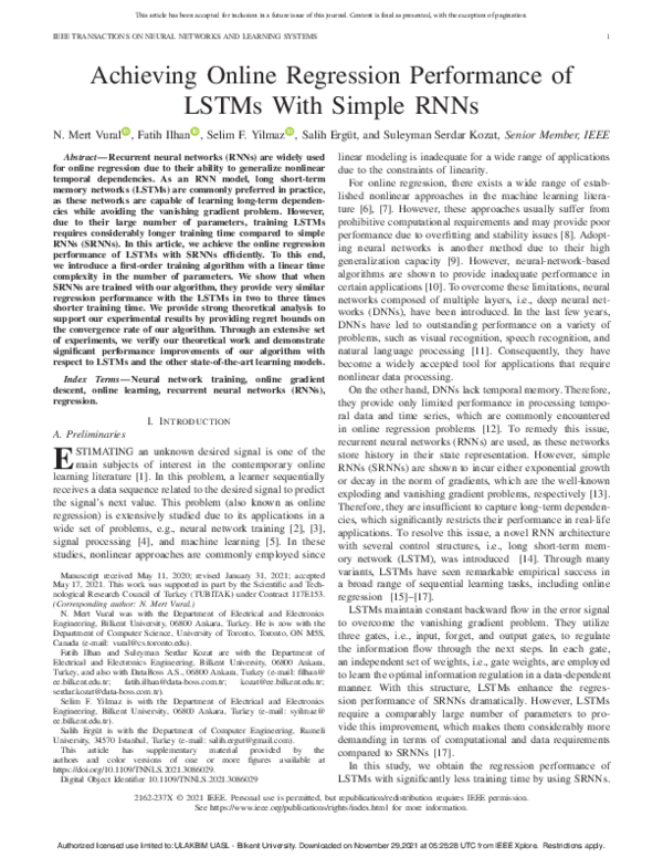 Pdf Achieving Online Regression Performance Of Lstms With Simple Rnns