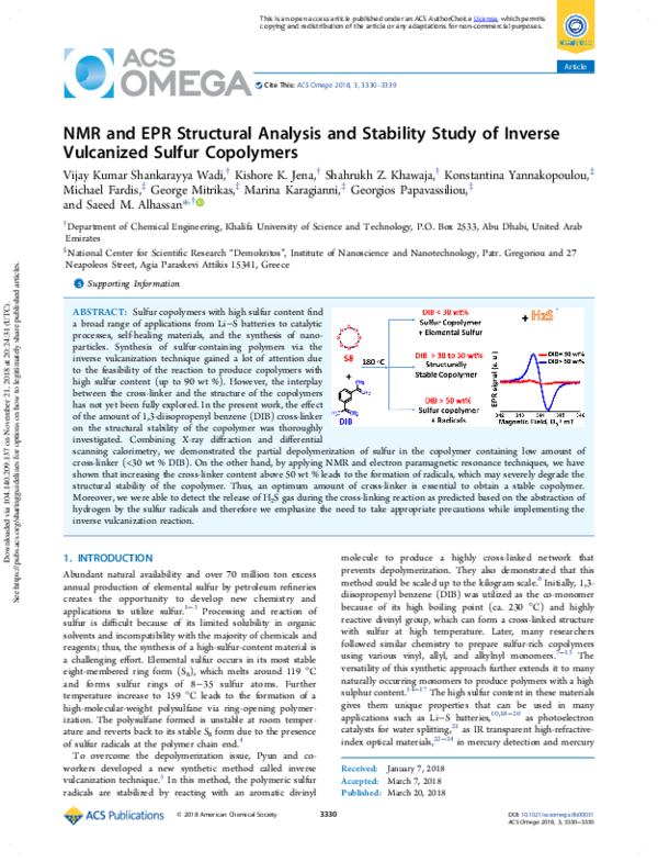 (PDF) NMR and EPR Structural Analysis and Stability Study of Inverse Vulcanized Sulfur Copolymers
