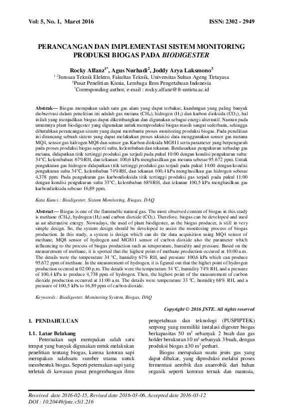 Pdf Perancangan Dan Implementasi Sistem Monitoring Produksi Biogas Pada Biodigester