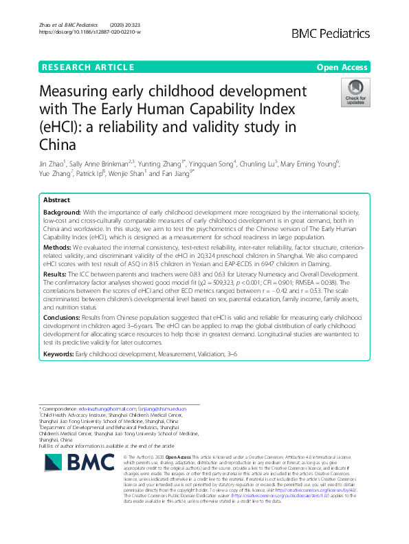 (PDF) Measuring early childhood development with The Early Human Capability Index (eHCI): a ...