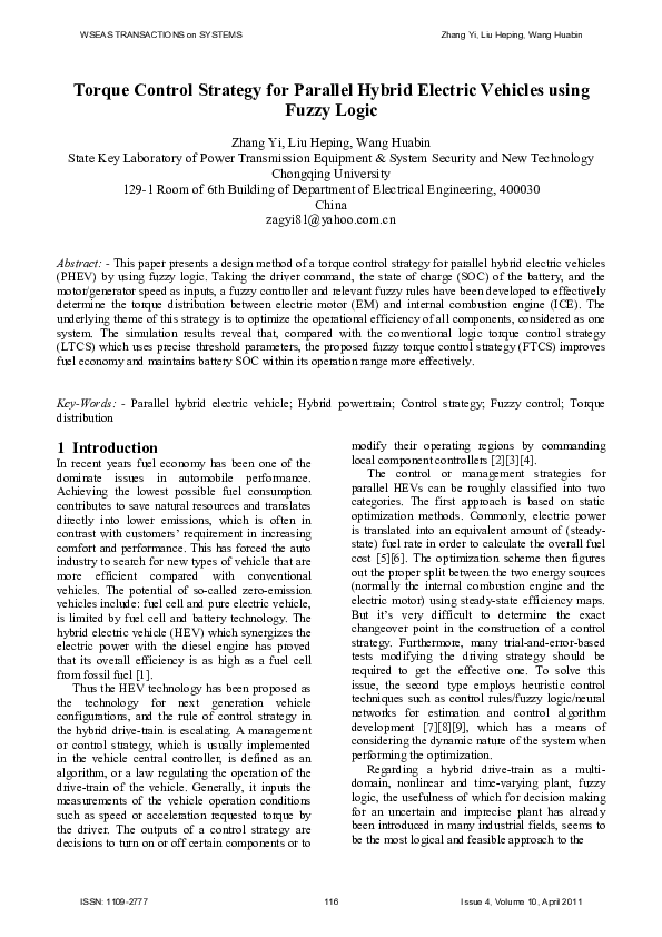 (PDF) Torque control strategy for parallel hybrid electric vehicles using fuzzy logic