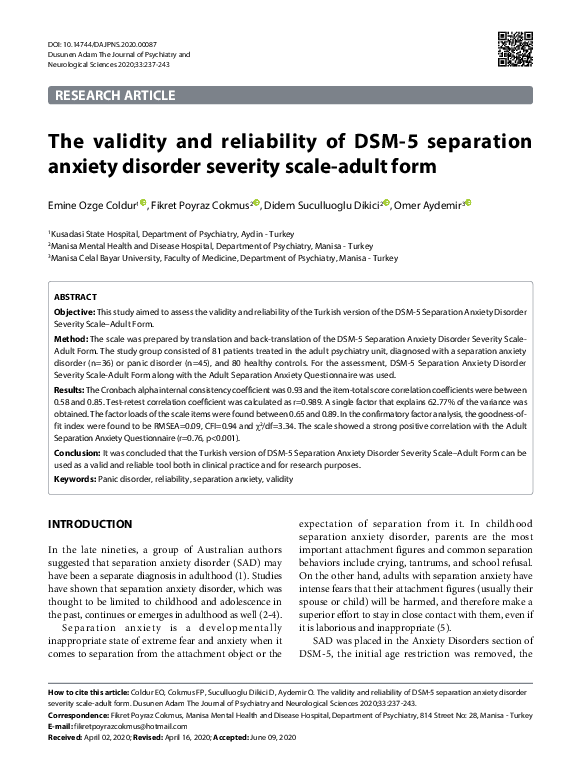 (PDF) The validity and reliability of DSM-5 separation anxiety disorder ...