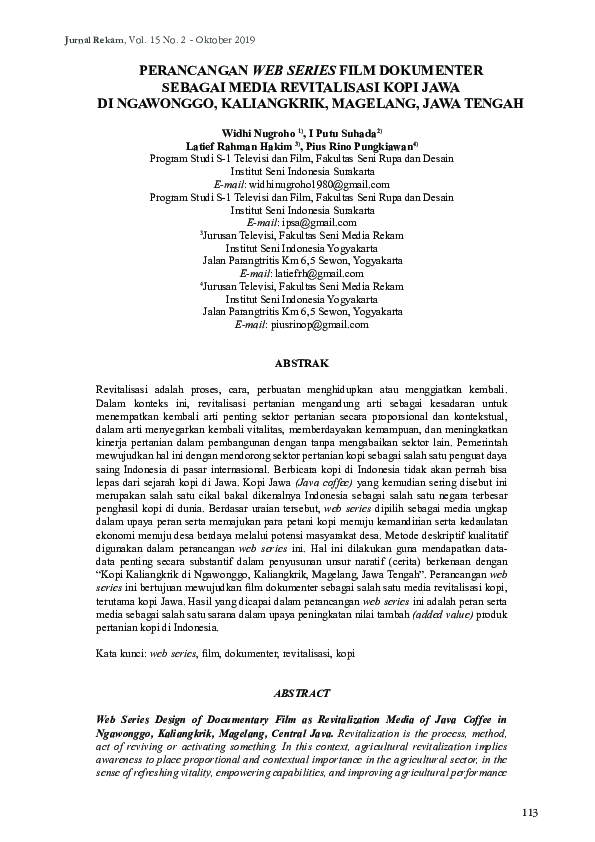 (PDF) Perancangan Web Series Film Dokumenter sebagai Media Revitalisasi Kopi Jawa di Ngawonggo ...