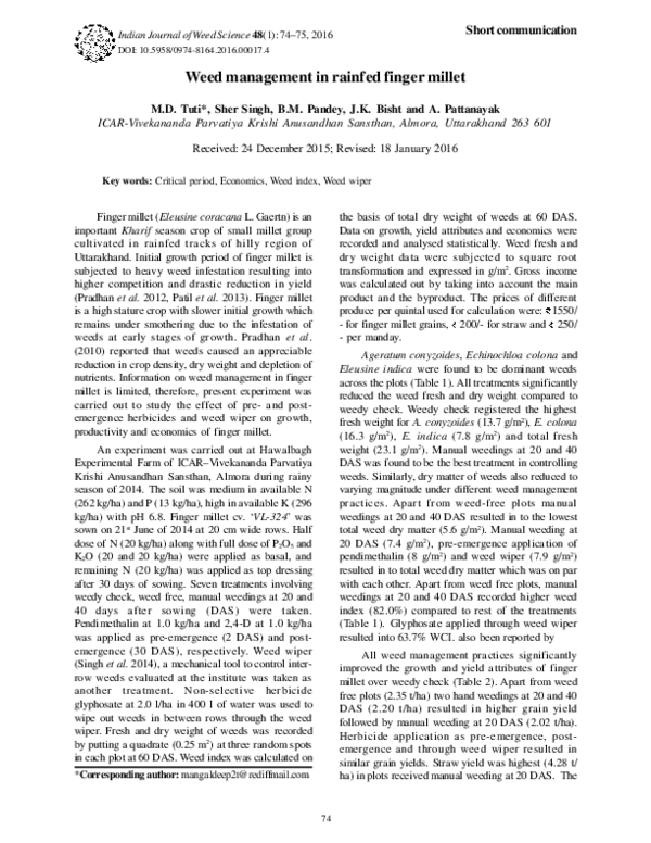 (PDF) Weed management in rainfed finger millet