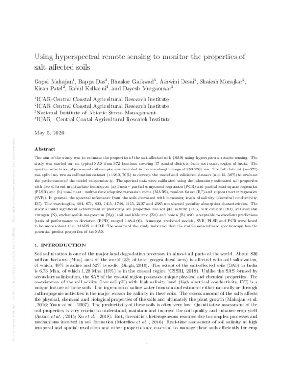 (PDF) Using hyperspectral remote sensing to monitor the properties of salt-affected soils
