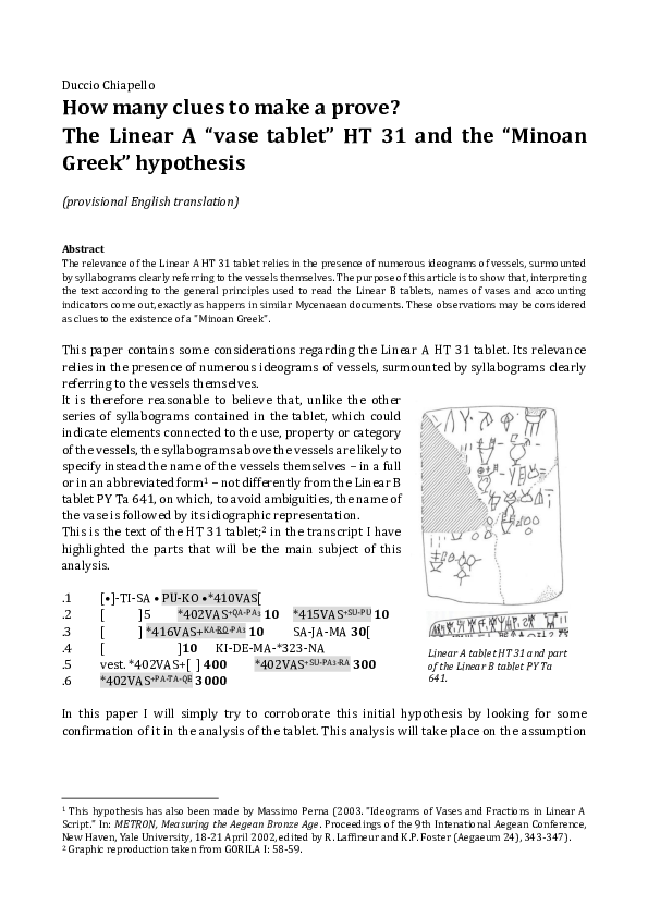 (PDF) How many clues to make a prove? The Linear A "vase tablet" HT 31 ...