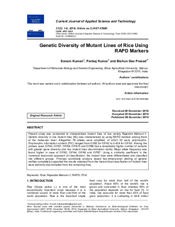 (PDF) Genetic Diversity of Mutant Lines of Rice Using RAPD Markers