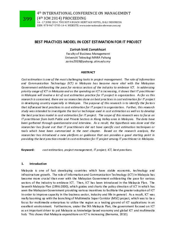 (PDF) BEST PRACTICES MODEL IN COST ESTIMATION FOR IT PROJECT
