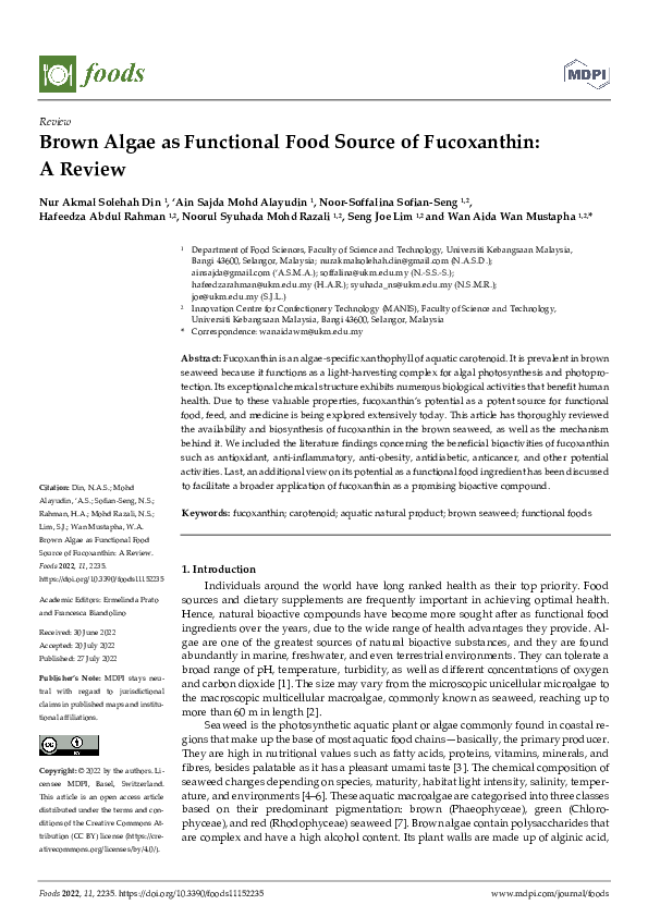(PDF) Brown Algae as Functional Food Source of Fucoxanthin: A Review