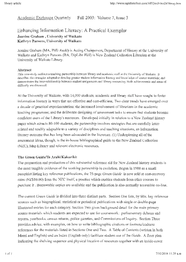 (PDF) Enhancing Information Literacy: A Practical Exemplar