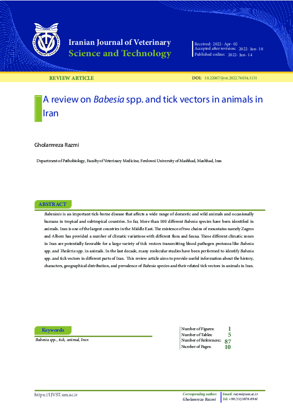 (PDF) A review on Babesia spp and tick vectors in animals in Iran