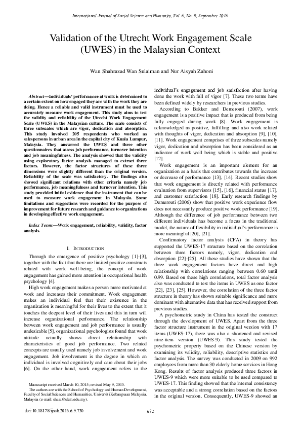 (PDF) Validation of the Utrecht Work Engagement Scale (UWES) in the ...