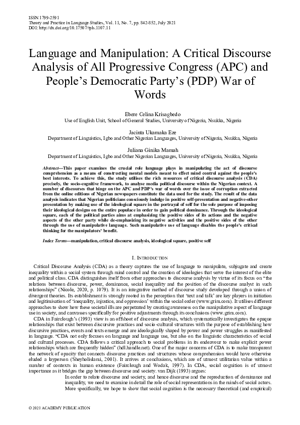 (PDF) Language and Manipulation: A Critical Discourse Analysis of All ...