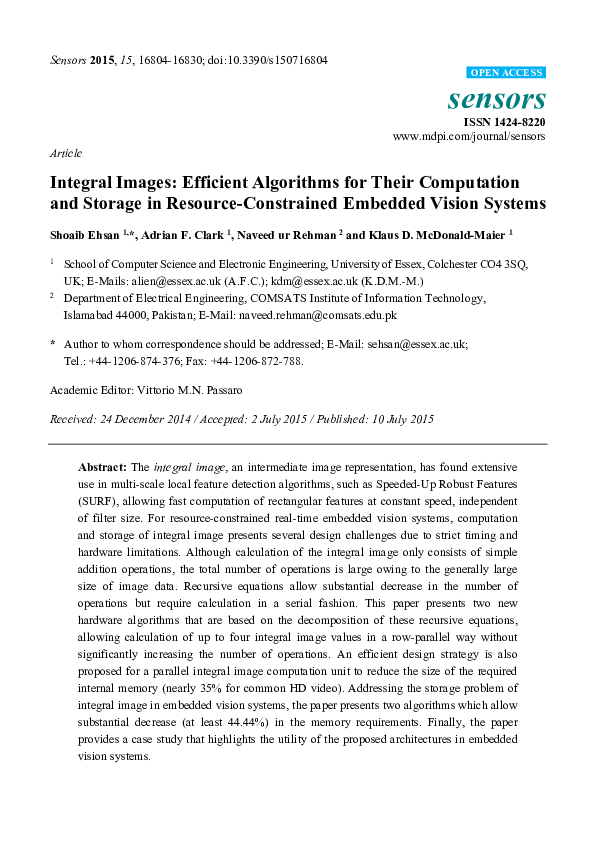 Pdf Integral Images Efficient Algorithms For Their Computation And Storage In Resource 1499
