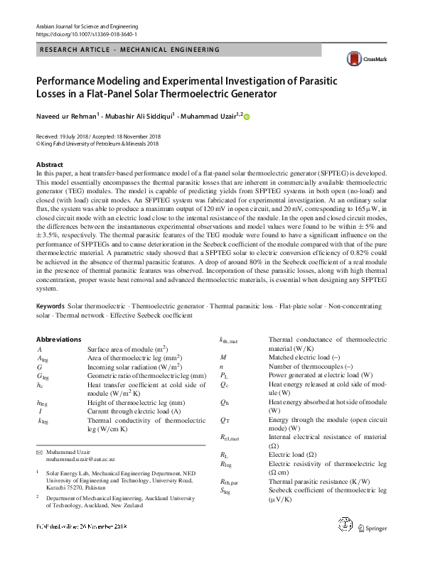 Pdf Performance Modeling And Experimental Investigation Of Parasitic Losses In A Flat Panel
