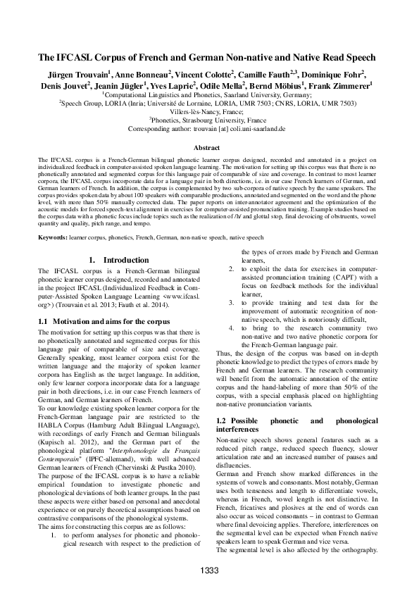 (PDF) The IFCASL Corpus of French and German Non-native and Native Read Speech