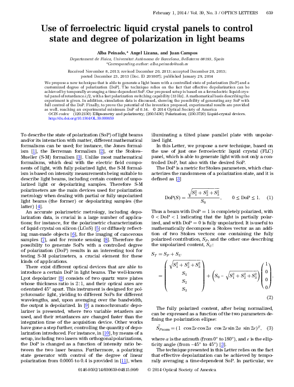 (PDF) Use of ferroelectric liquid crystal panels to control state and ...
