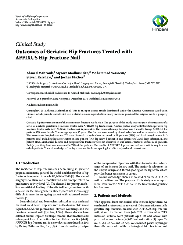 (PDF) Outcomes of Geriatric Hip Fractures Treated with AFFIXUS Hip Fracture Nail