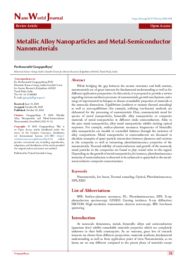 (PDF) Metallic Alloy Nanoparticles and Metal-Semiconductor Nanomaterials