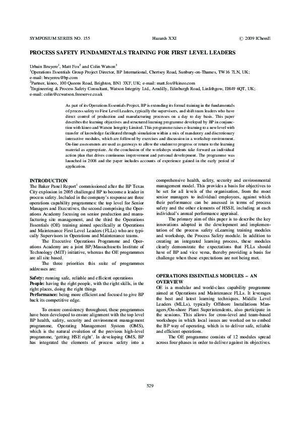 (PDF) Process Safety Fundamentals Training for First Level Leaders