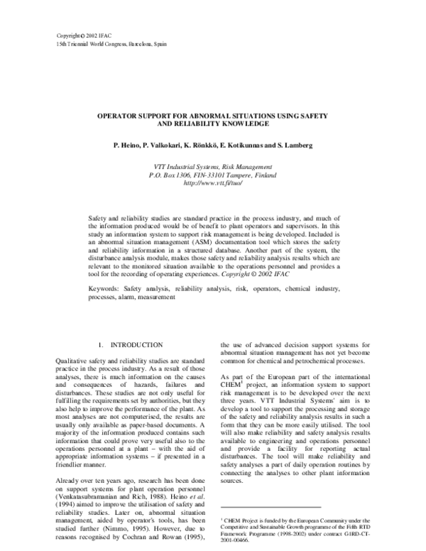 (PDF) Operator Support for Abnormal Situations Using Safety and ...
