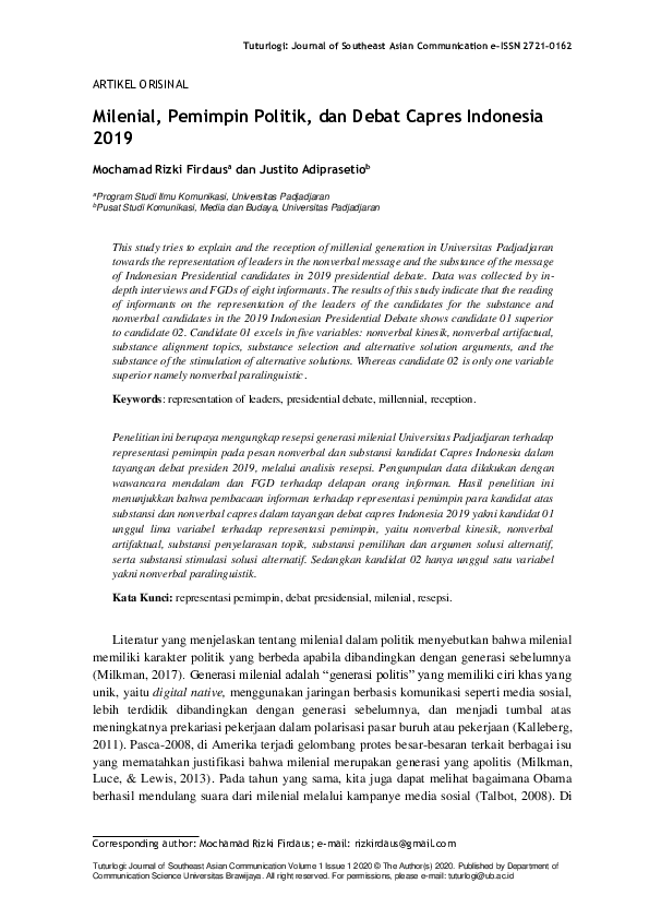 (PDF) Milenial, Pemimpin Politik, dan Debat Capres Indonesia 2019