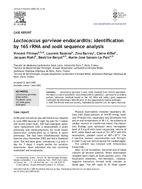 Pdf Lactococcus Garvieae Endocarditis Identification By 16s Rrna And