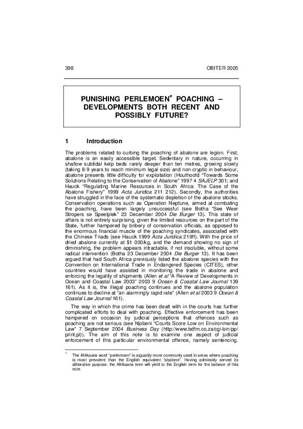 (PDF) Punishing Perlemoen* Poaching – Developments Both Recent and ...