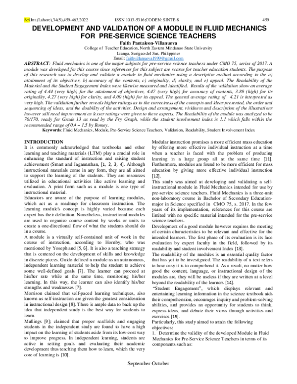(PDF) DEVELOPMENT AND VALIDATION OF A MODULE IN FLUID MECHANICS FOR PRE-SERVICE SCIENCE TEACHERS