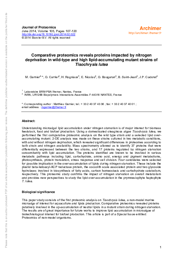 (PDF) Comparative proteomics reveals proteins impacted by nitrogen deprivation in wild-type and ...