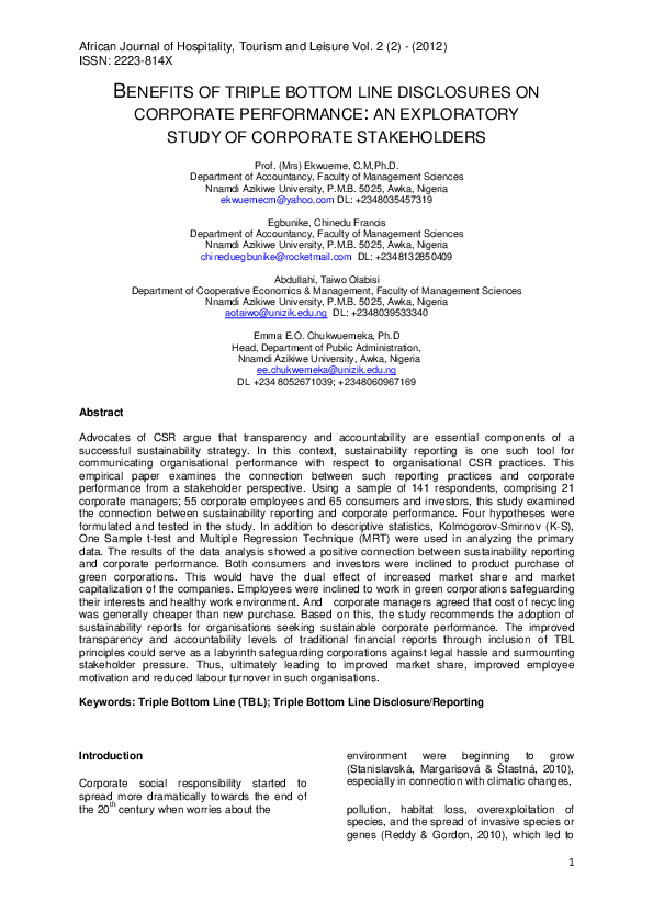 (PDF) Benefits of Triple Bottom Line Disclosures on Corporate ...