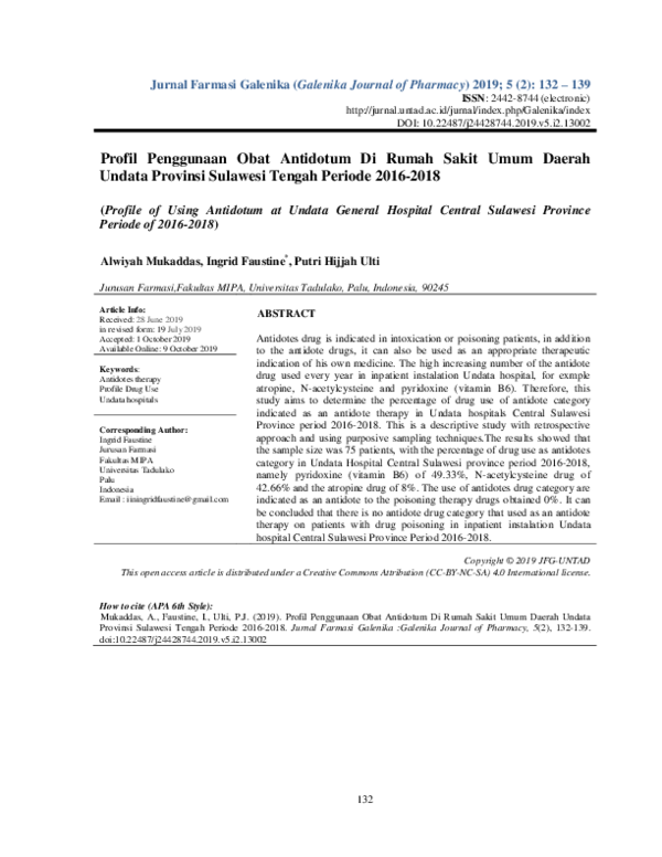 Pdf Profil Penggunaan Obat Antidotum Di Rumah Sakit Umum Daerah