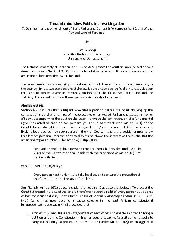 (PDF) Tanzania abolishes Public Interest Litigation (A Comment on the ...