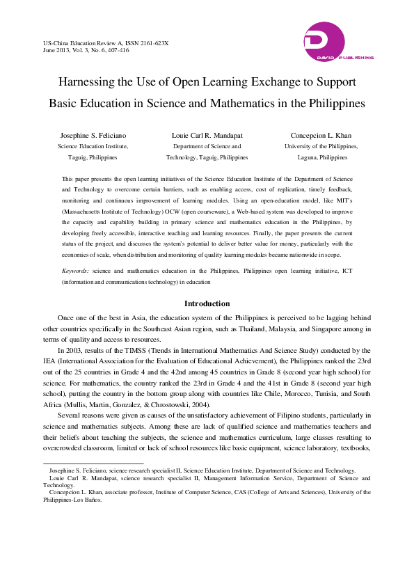 (PDF) Harnessing the Use of Open Learning Exchange to Support Basic Education in Science and ...