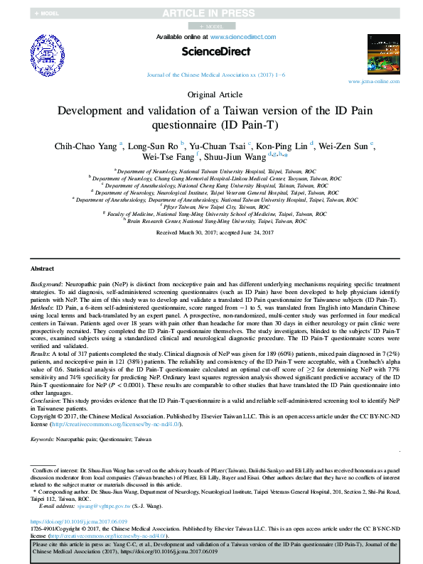 (PDF) Development and validation of a Taiwan version of the ID Pain ...