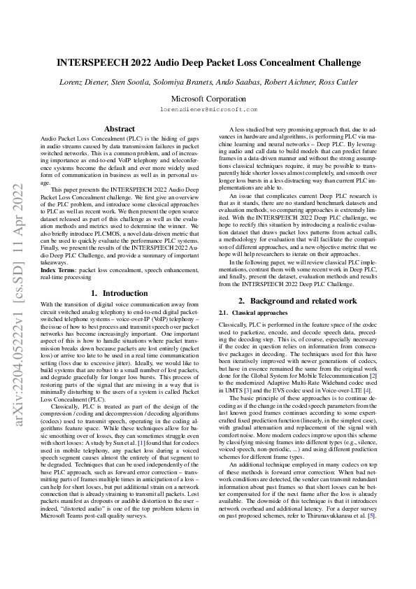 (PDF) INTERSPEECH 2022 Audio Deep Packet Loss Concealment Challenge