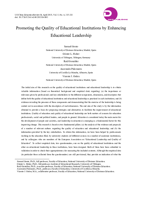 (PDF) Promoting the Quality of Educational Institutions by Enhancing ...
