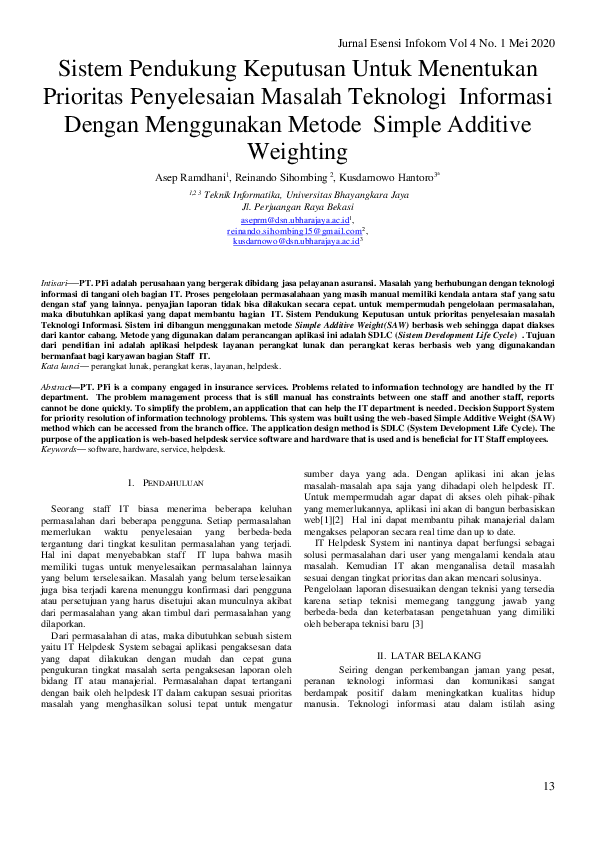 (PDF) Sistem Pendukung Keputusan Untuk Menentukan Prioritas Penyelesaian Masalah Teknologi ...