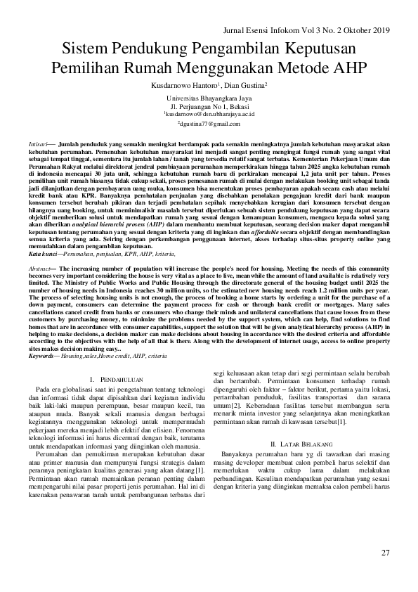 (PDF) Sistem Pendukung Pengambilan Keputusan Pemilihan Rumah Menggunakan Metode AHP