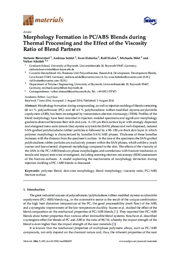 (PDF) Morphology Formation in PC/ABS Blends during Thermal Processing and the Effect of the ...