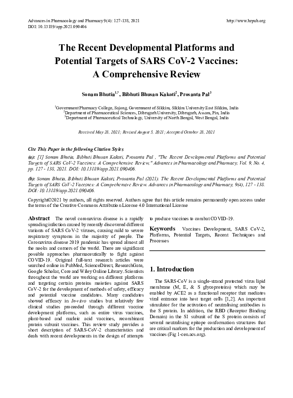 (PDF) The Recent Developmental Platforms and Potential Targets of SARS CoV-2 Vaccines: A ...